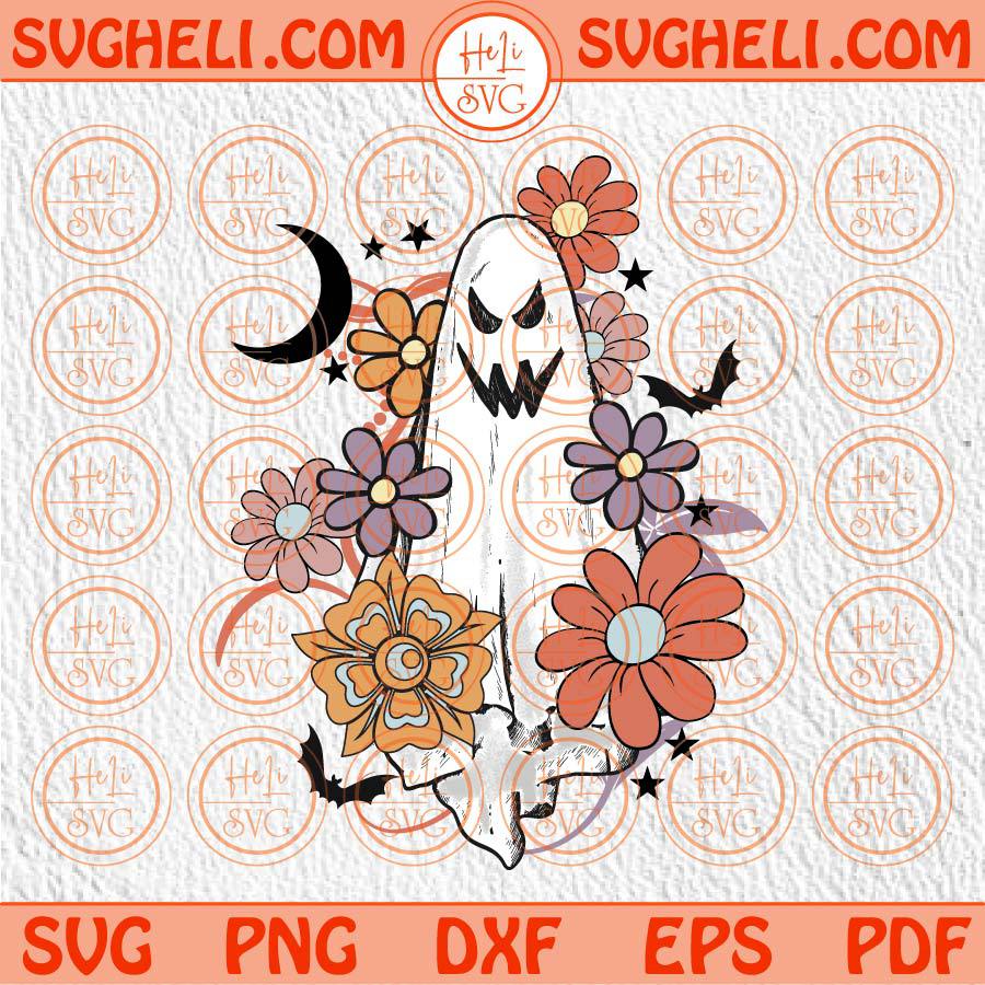 Retro Flower Ghost Png Groovy Boho Halloween Svg Floral Boo Svg